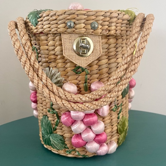 no name | Bags | Vintage Straw Bucket Bag Purse With Flowers Size ...